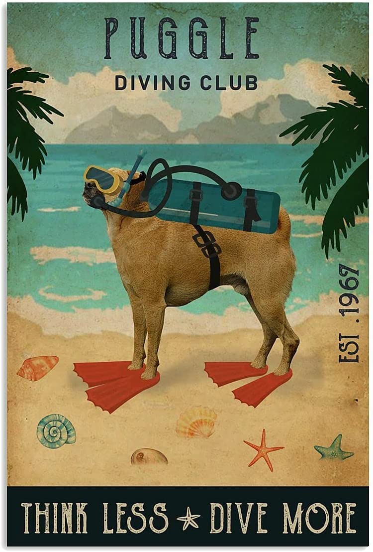 Tin Signs Funny Diving Club Puggle Sign Vintage Tin Sign Chic Art Wall ...