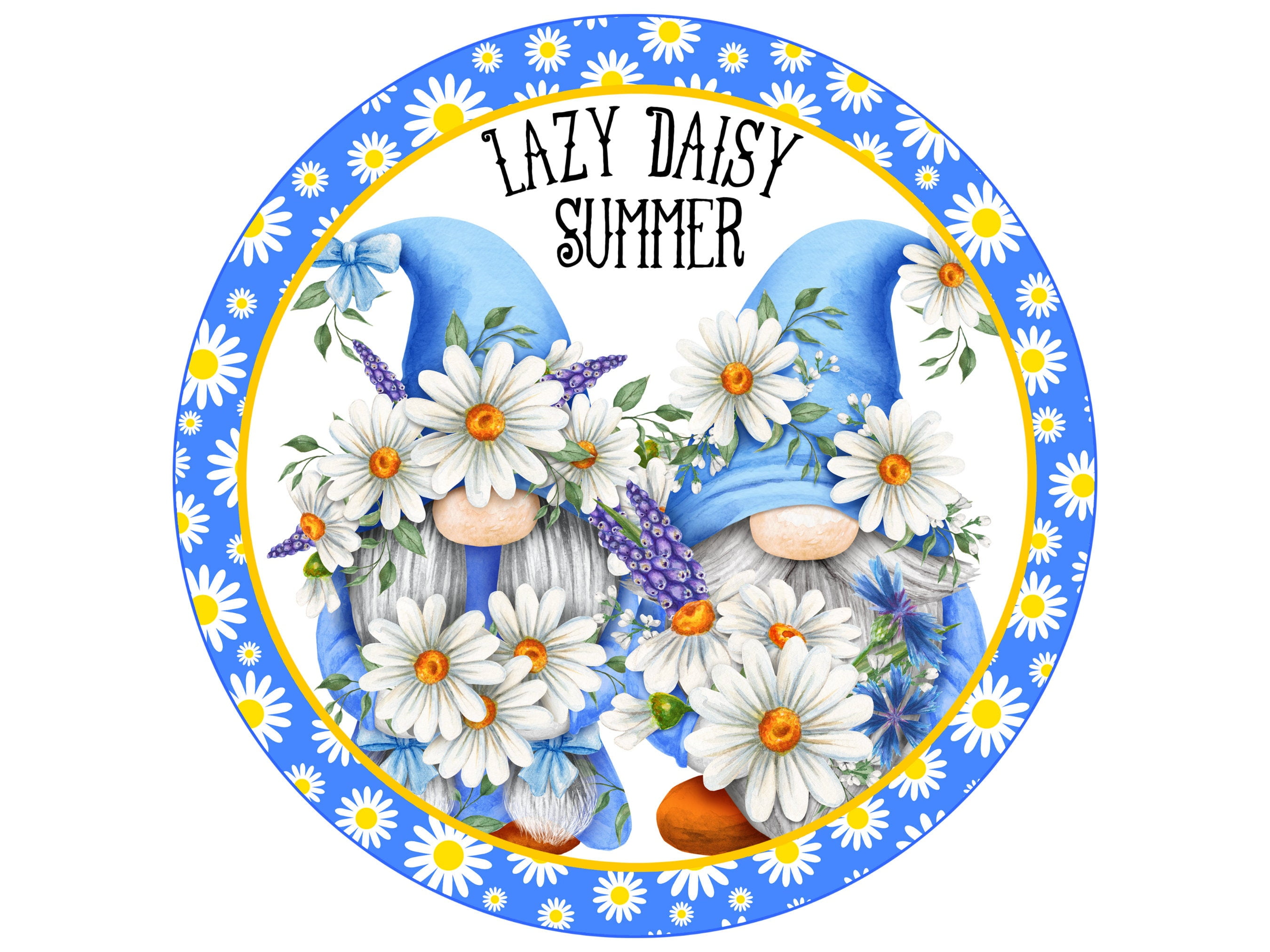Tin Signs blue gnome daisy wreath sign, summer daisy gnome wreath ...