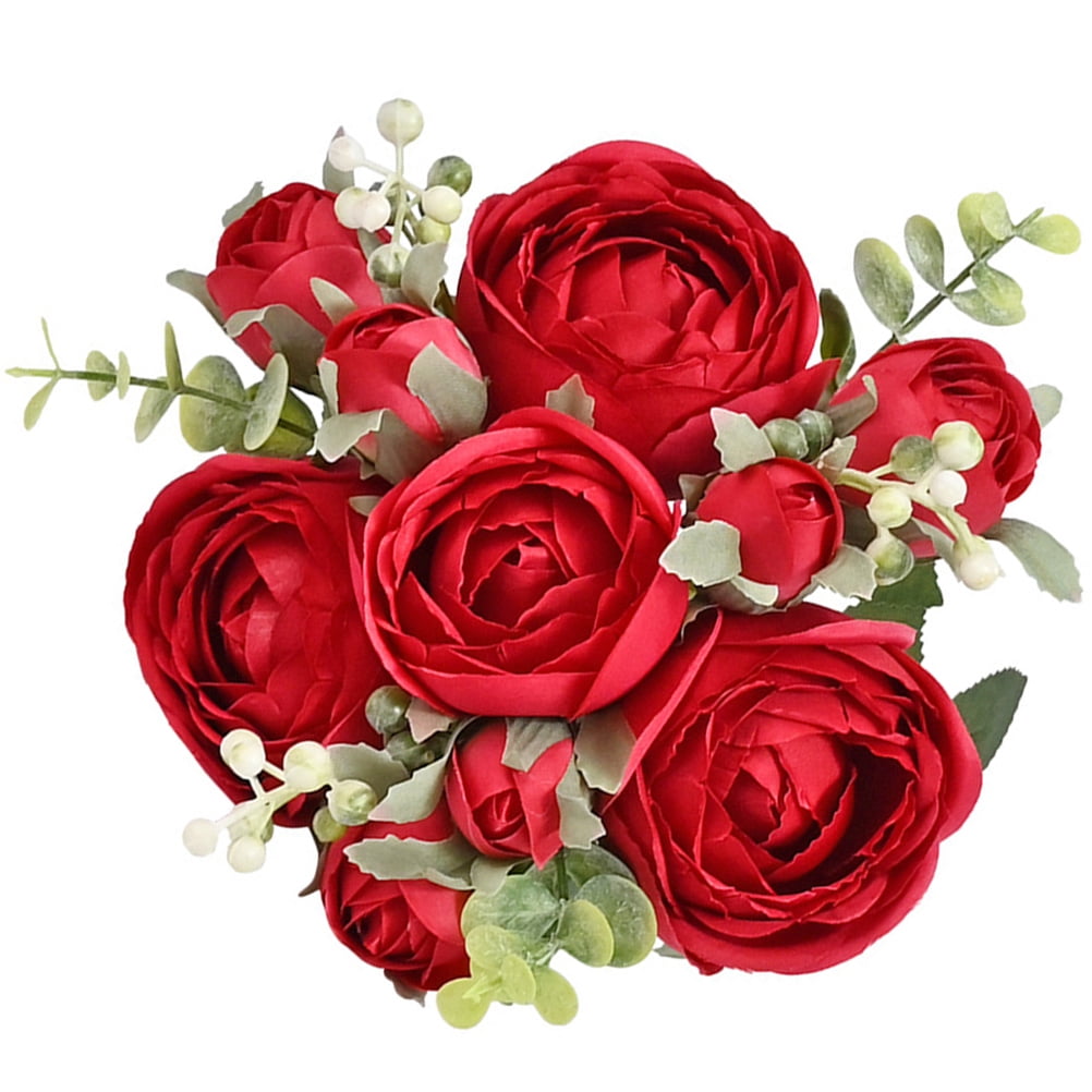 Tineasur 34Pcs Simulation Bouquet Red Silk Cloth Plastic Bridal Holding ...