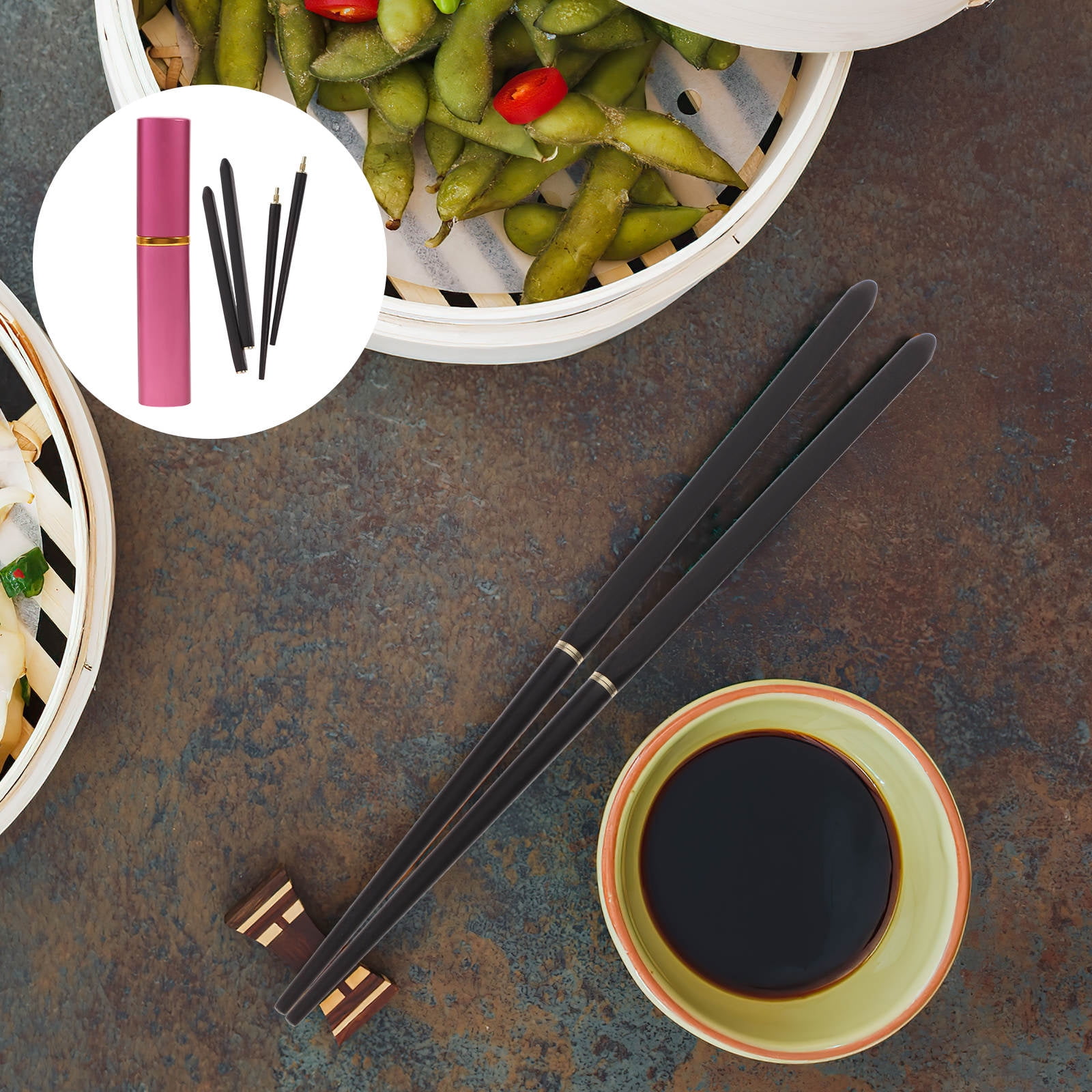 Tineasur Travel Chopsticks Foldable Ebony Wood with Aluminum Carry Case ...