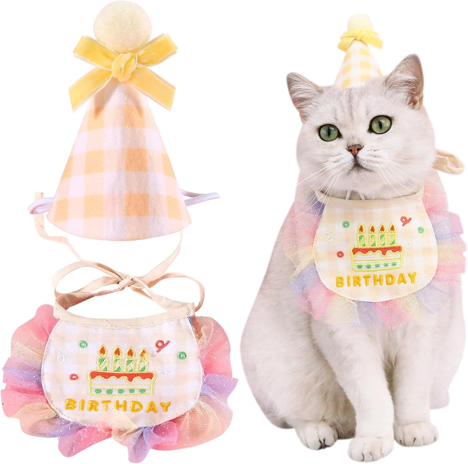 Tingzi Pet Happy Birthday Hat Scarf Set - Cute Embroidered Cat Bandana ...