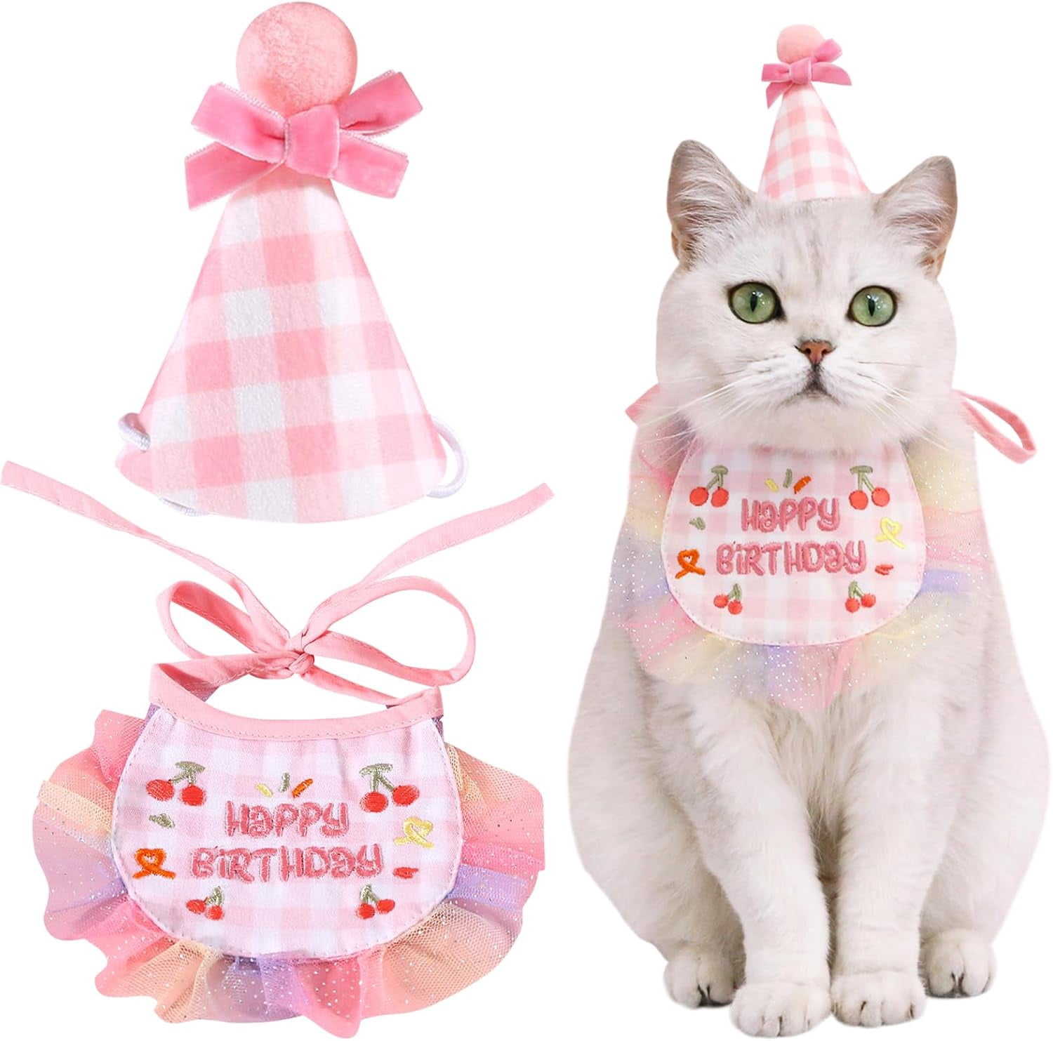 Tingzi Pet Happy Birthday Hat Scarf Set - Cute Embroidered Cat Bandana ...
