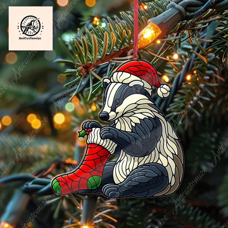 TiniDecor Badger Christmas Ornament Acrylic Santa Hat Stocking Holiday ...