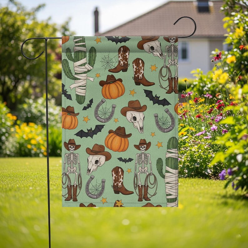 TiniDecor Cowboy Skeleton Garden Flag – 12”x18” Halloween Western ...