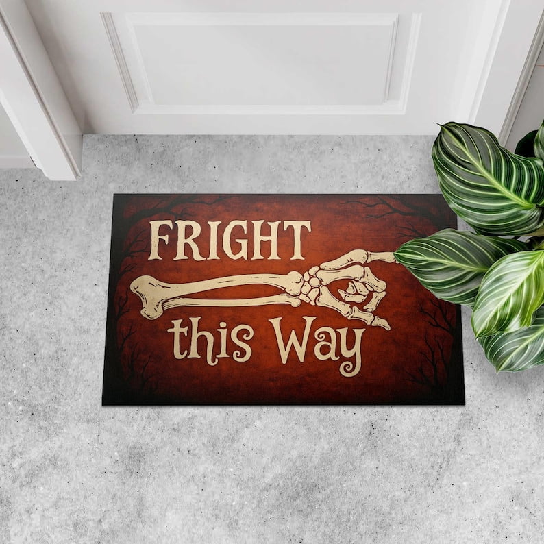 TiniDecor Fright This Way Skeleton Doormat - 24"x36" Red Halloween ...