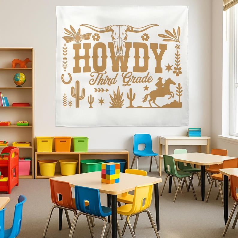 TiniDecor Howdy Third Grade Tapestry, 60"x90" Western Classroom Wall ...