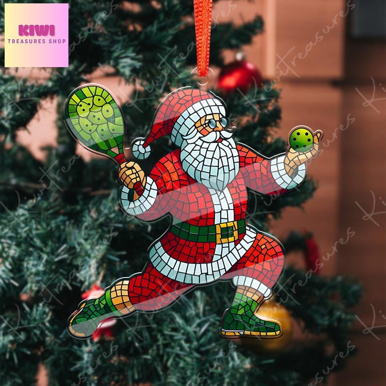 TiniDecor Pickleball Santa Ornament 2025, Stained Glass Style Acrylic ...