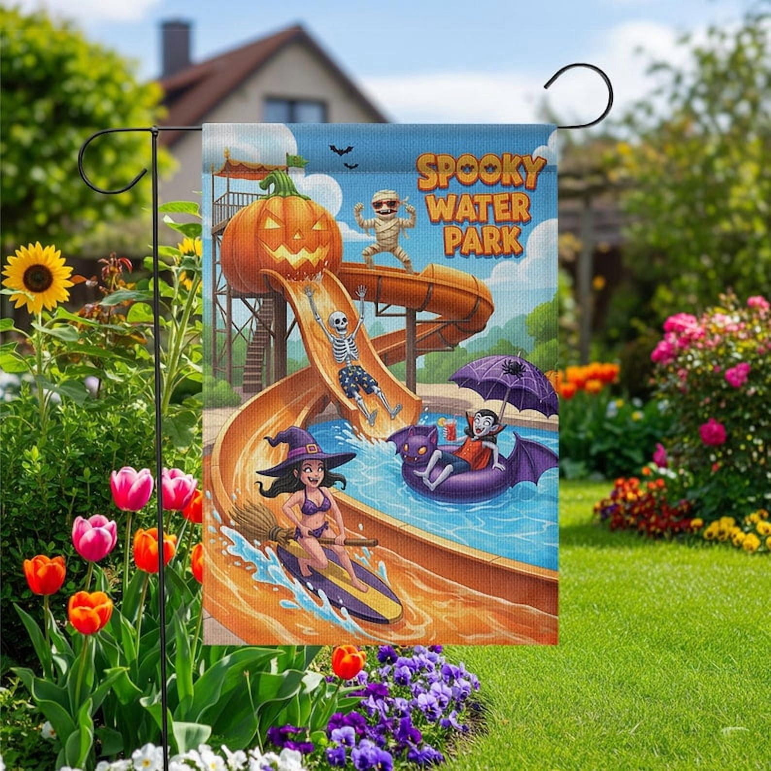 TiniDecor Spooky Water Park Garden Flag – 28”x40” Halloween Summer Yard ...