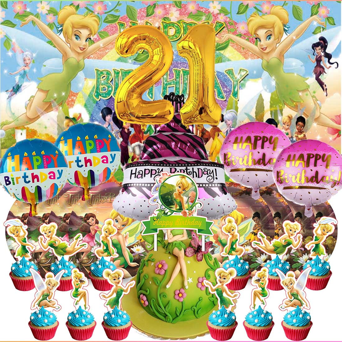 Tinker Bell 21th Tableware Balloons Cake Toppers Backdrop Banner ...