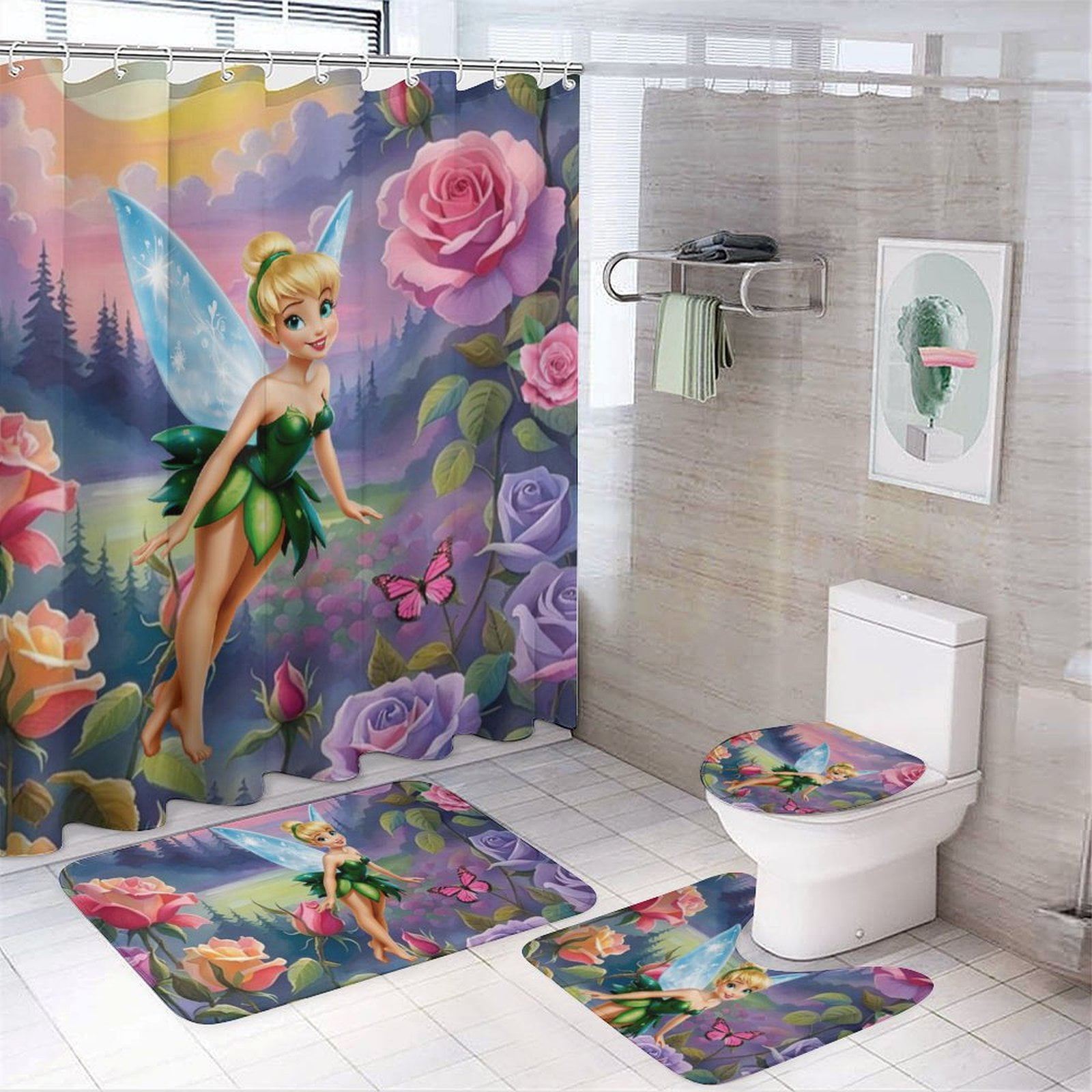 Tinker Bell 4 Pcs Bathroom Shower Curtain Set TinkerBell Shower Curtain ...