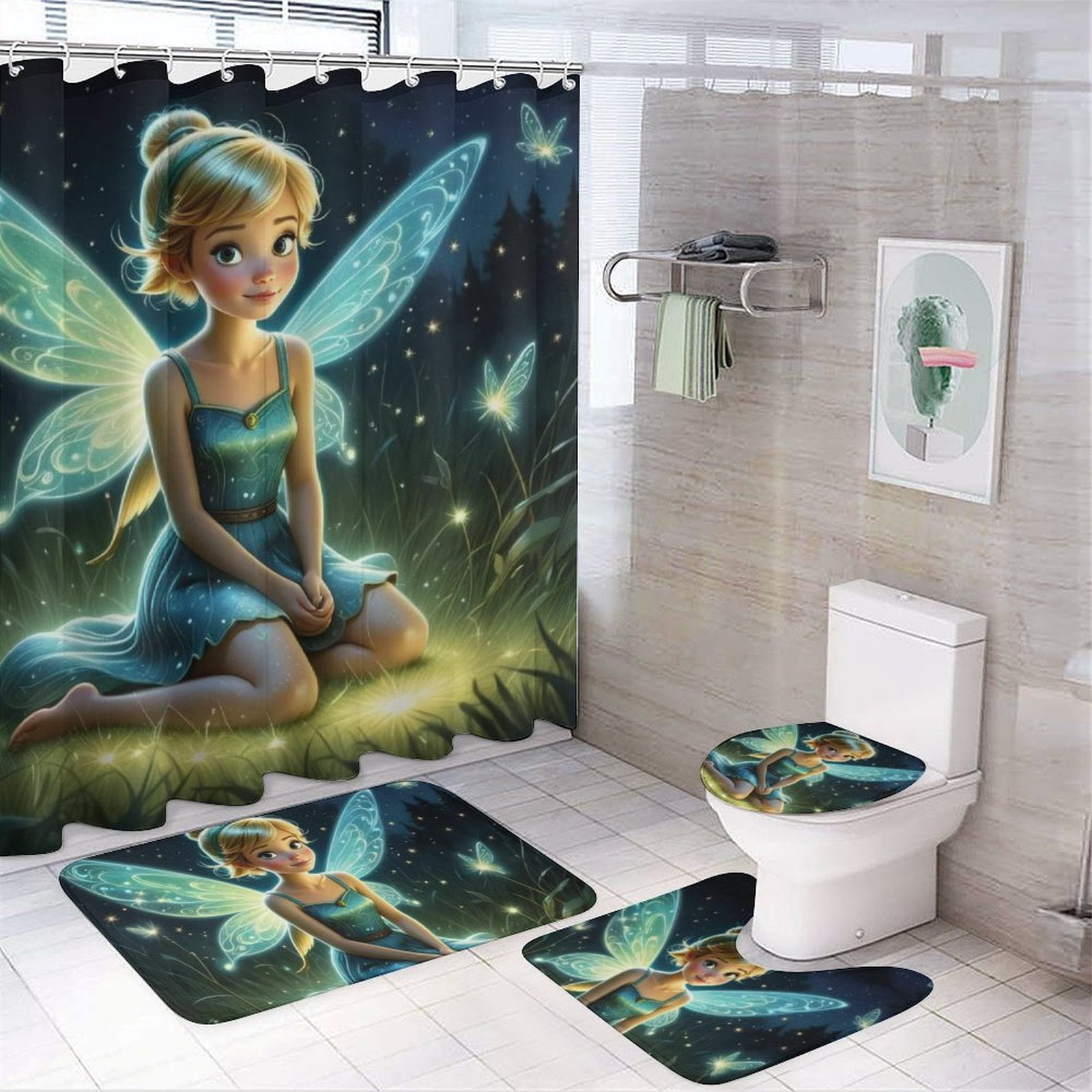 Tinker Bell 4 Pcs Bathroom Shower Curtain Set TinkerBell Shower Curtain Bathroom Sets with Rugs ...