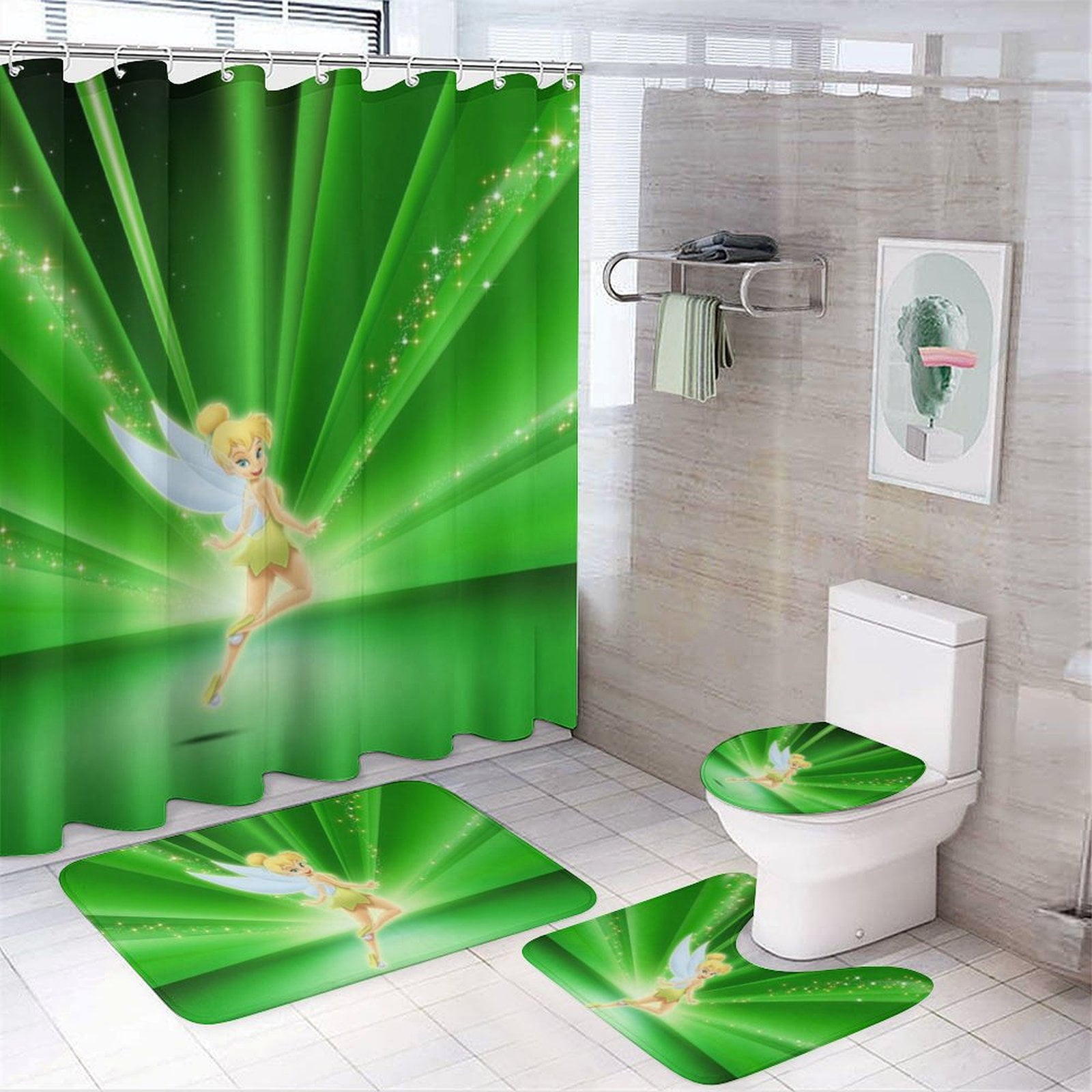 Tinker Bell 4 Pcs Bathroom Shower Curtain Set TinkerBell Shower Curtain ...