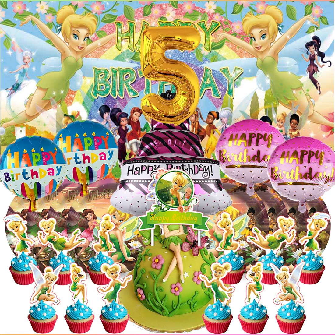 Tinker Bell 5th Tableware Balloons Cake Toppers Backdrop Banner ...