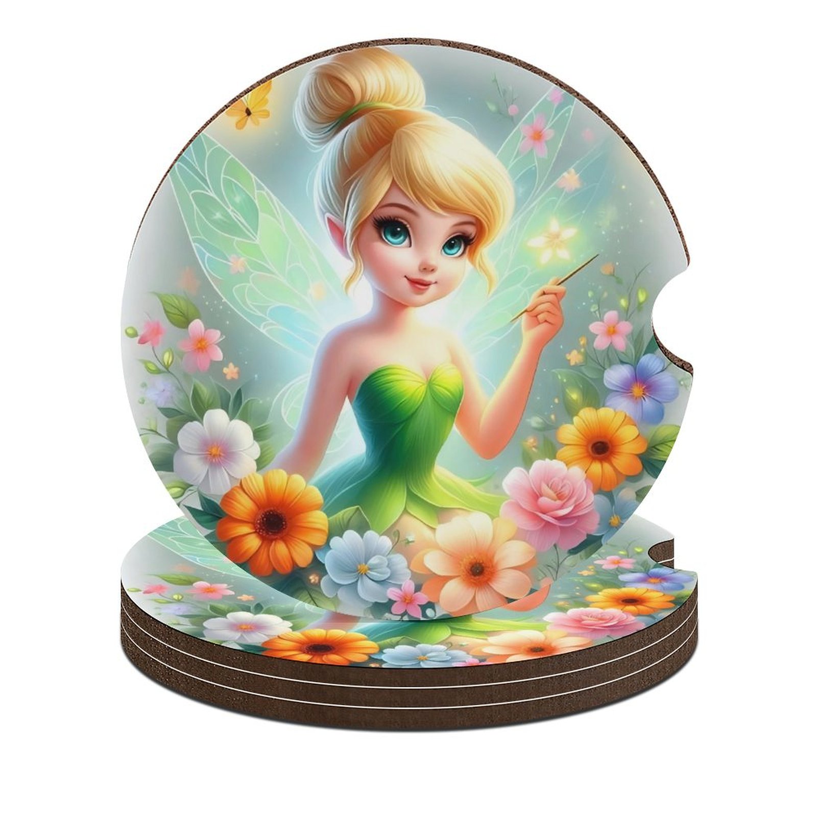 Tinker Bell Cartoon car coaster with finger notches and cork base car ...