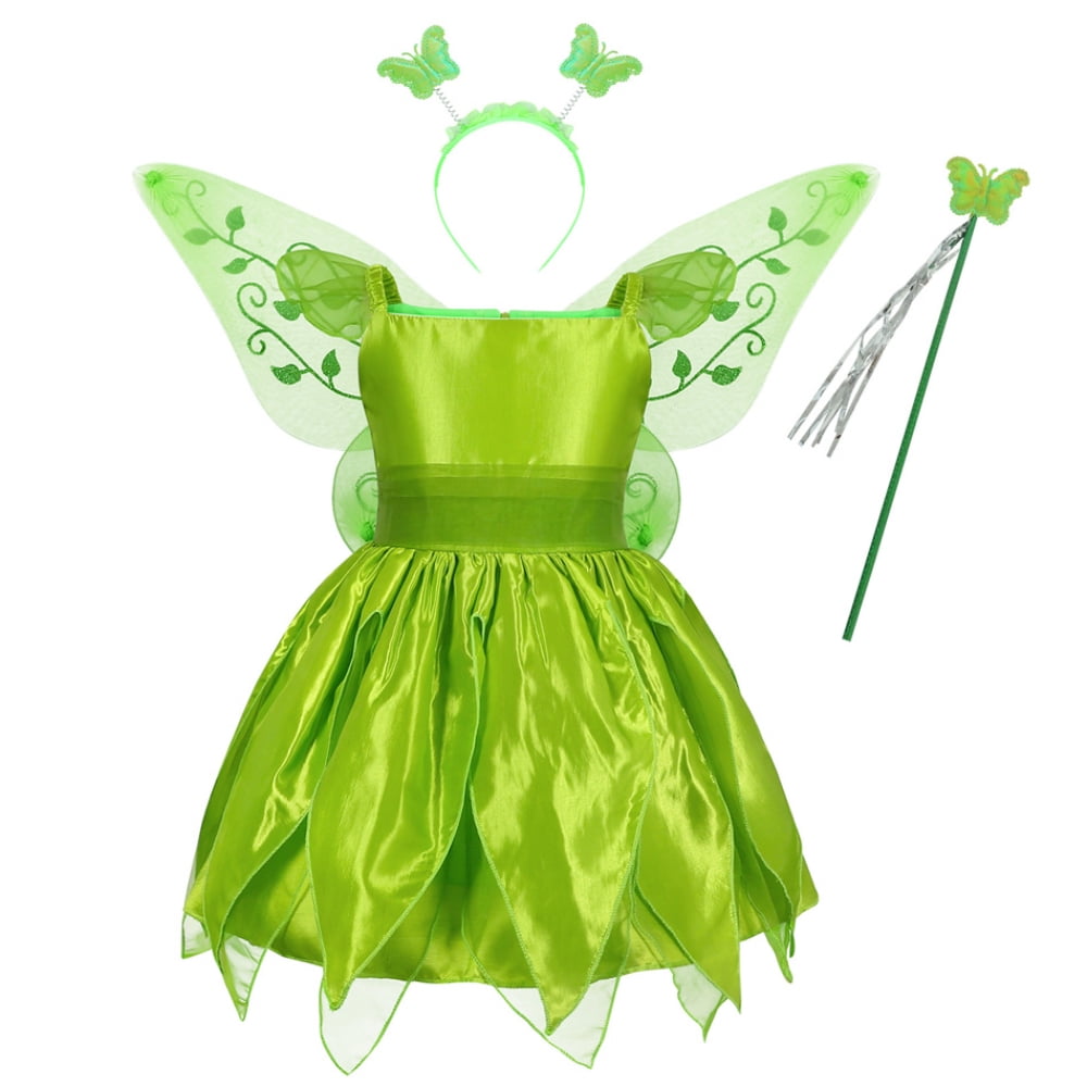 Tinker Bell Princess Dress Girls Party Elf Costume With Butterfly Wings ...