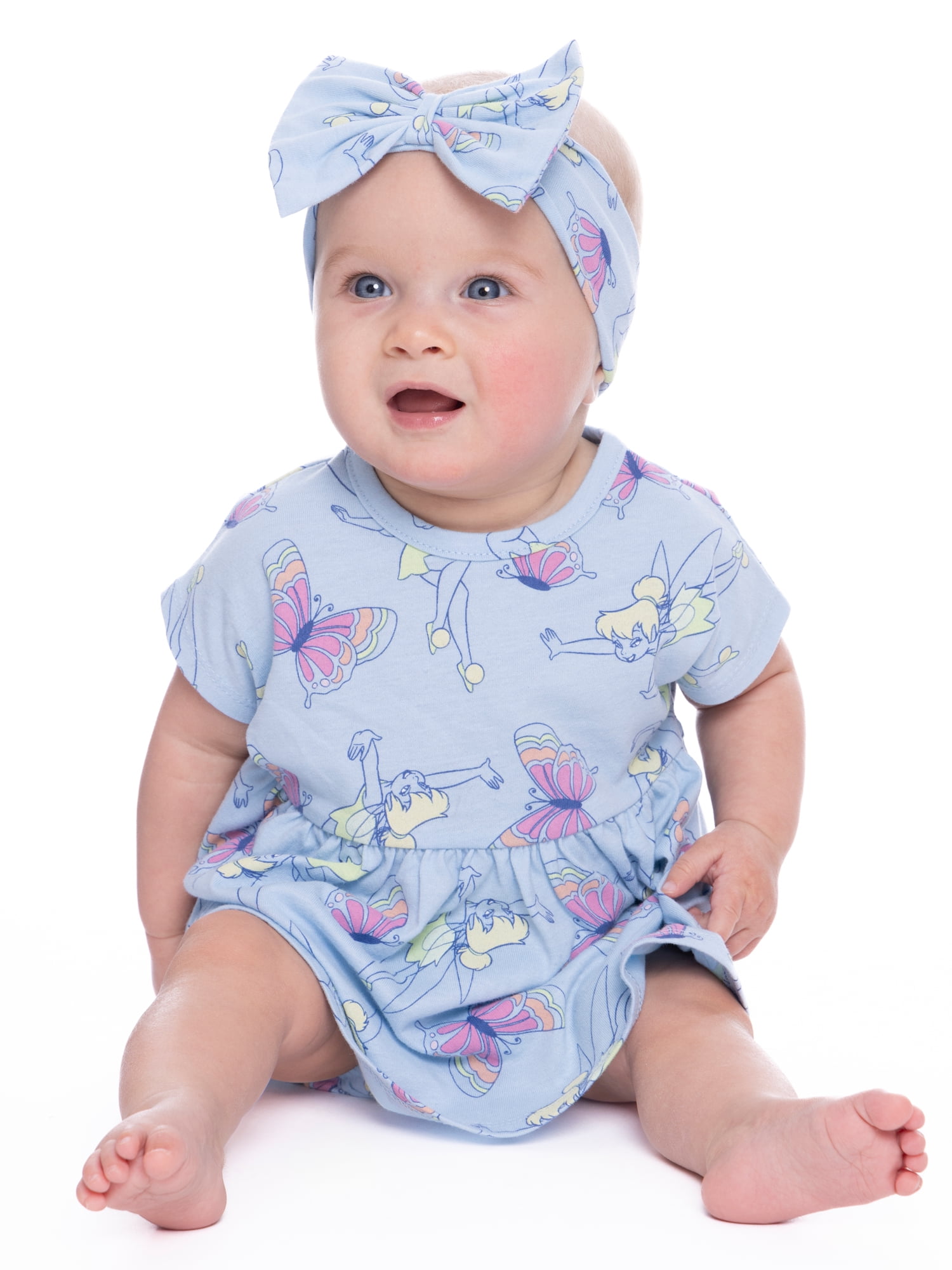Tinkerbell Baby Girls Print Dress with Diaper Cover and Bow Headband ...