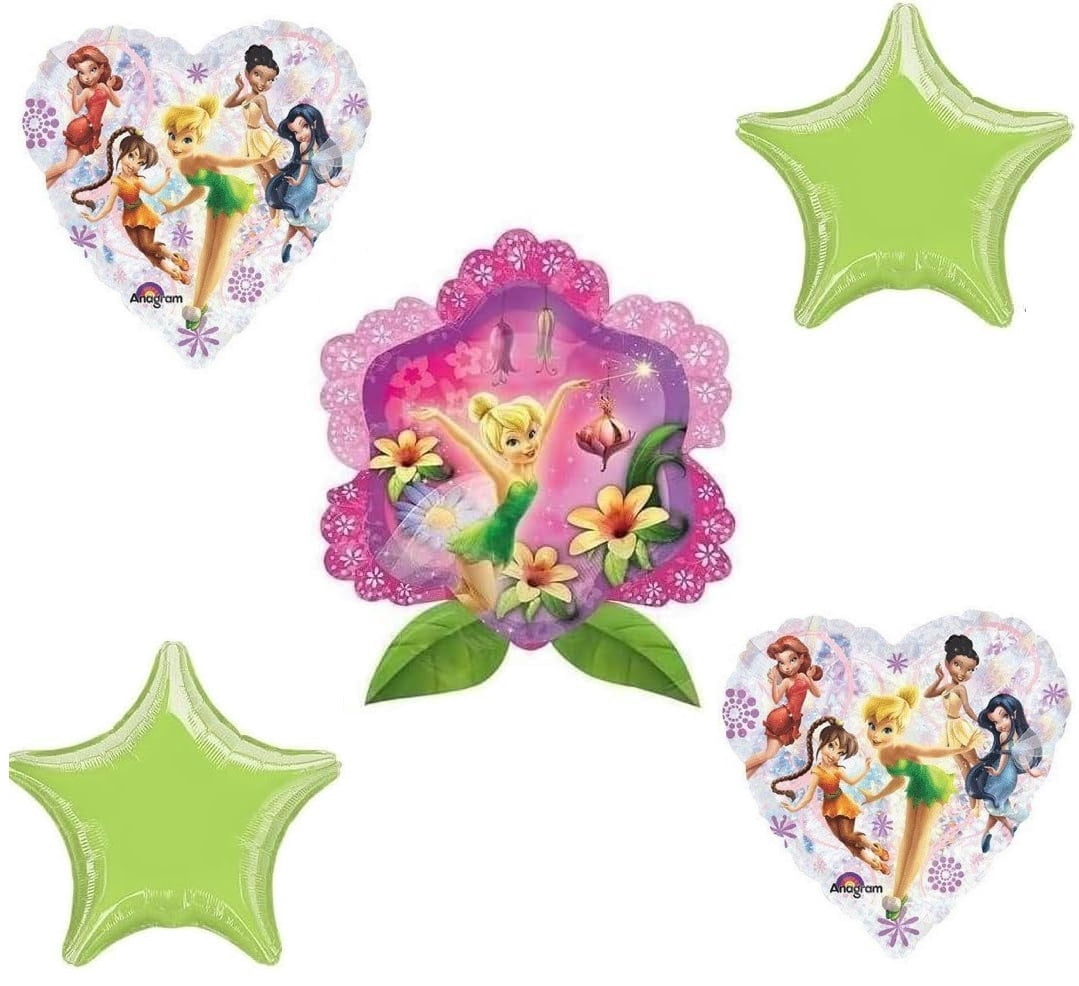 Tinkerbell Balloon Bouquet Flower Birthday 5 Piece Set Mylar Balloons ...