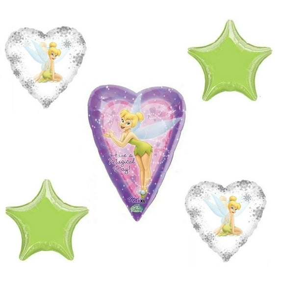 Tinkerbell Heart Balloon Bouquet Flower Birthday 5 Piece Set Mylar ...