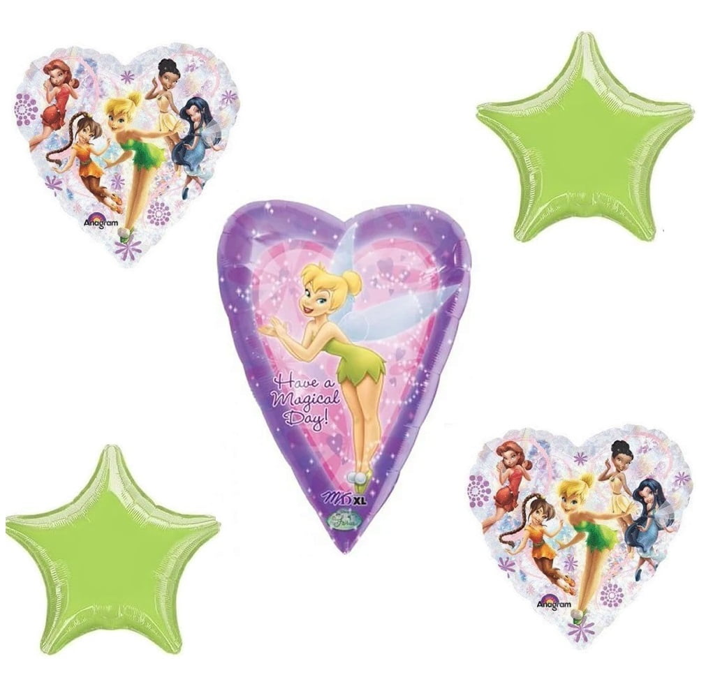 Tinkerbell Heart Balloon Bouquet Flower Birthday 5 Piece Set Mylar ...