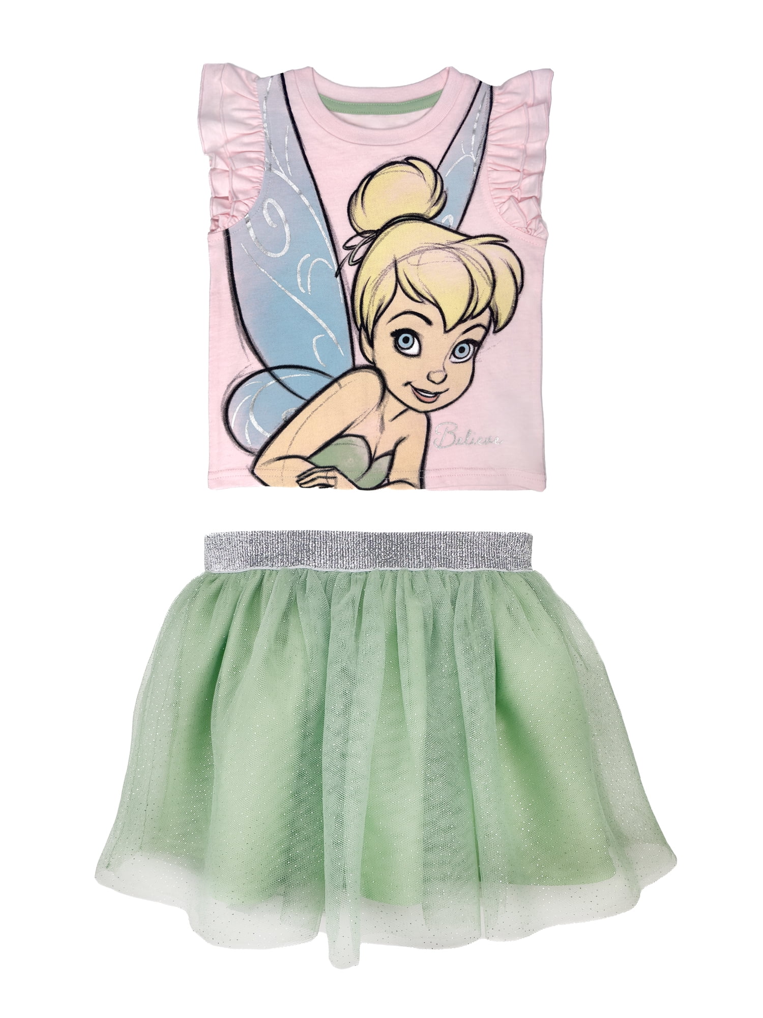 Tinkerbell Toddler Girl 2 Piece Ruffle Top & Tutu Skirt Set, Sizes 12M ...