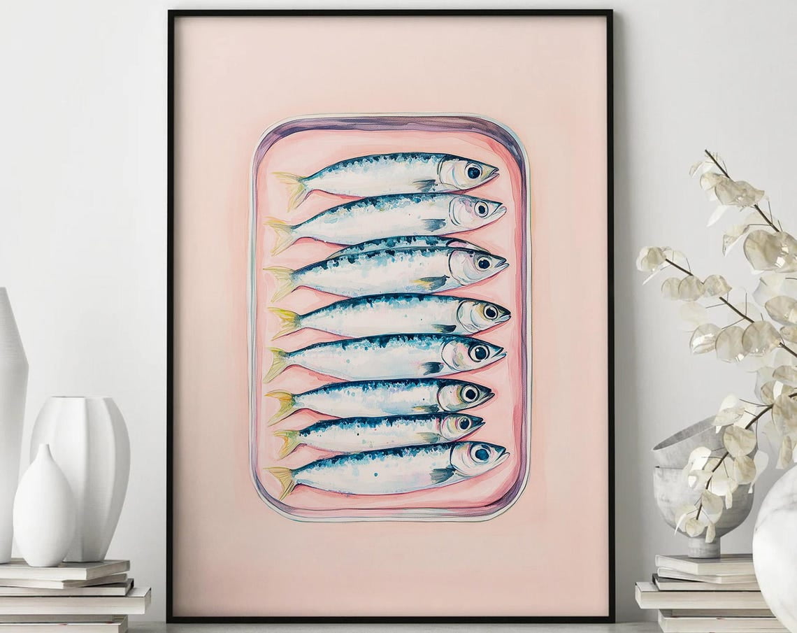 Tinned Pink Sardines Print, Kitchen Poster, Gift Sardines, Sardine Tin ...