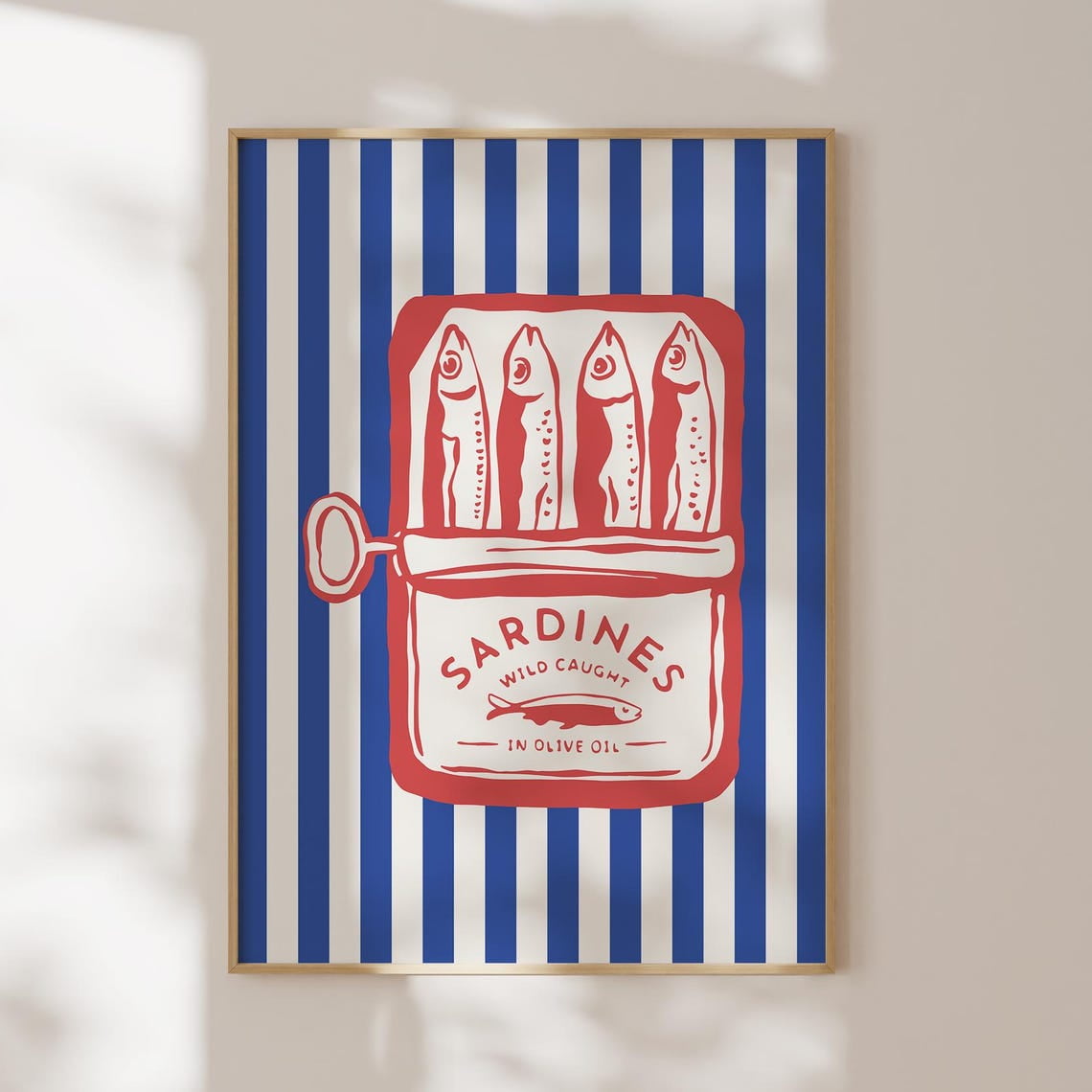 Tinned Sardines Digital Art Print, Navy Blue And Red Seafood Poster ...