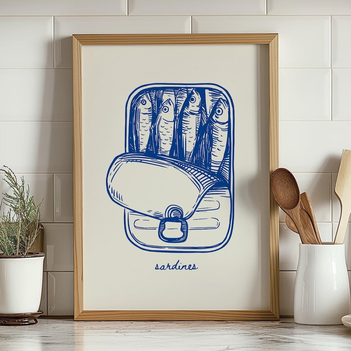 Tinned Sardines Print, Navy Retro Kitchen Wall Art, Food Aesthetic ...