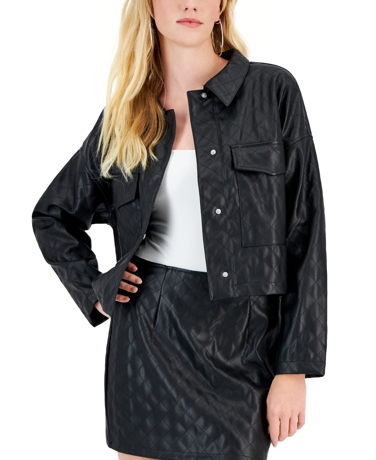 Tinseltown Juniors' Quilted Faux-Leather Cropped Shacket Black XS ...
