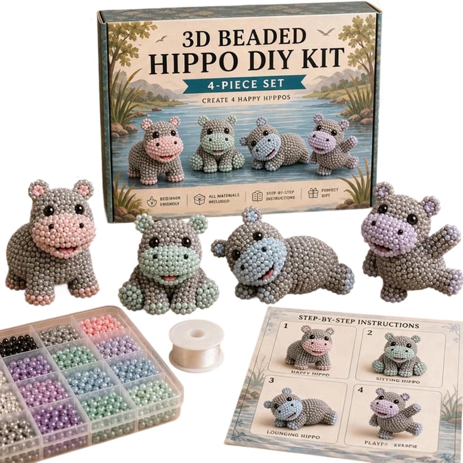 Tiny 3D Beaded Animal DIY Kit, 4-Piece Handmade Beading Craft Set for ...