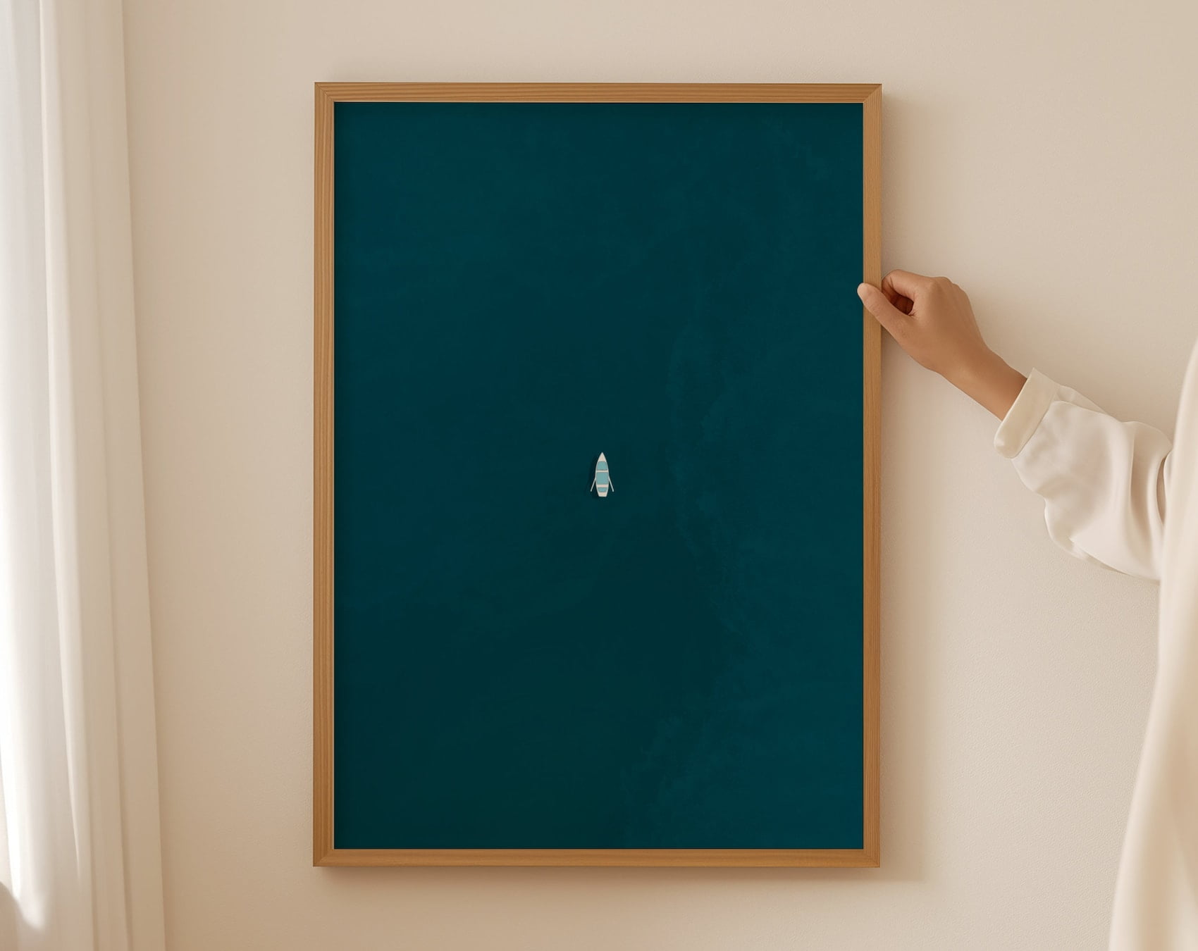 Tiny Boat in Ocean Print | Dark Aqua Sea Water Art | Nautical Beach ...