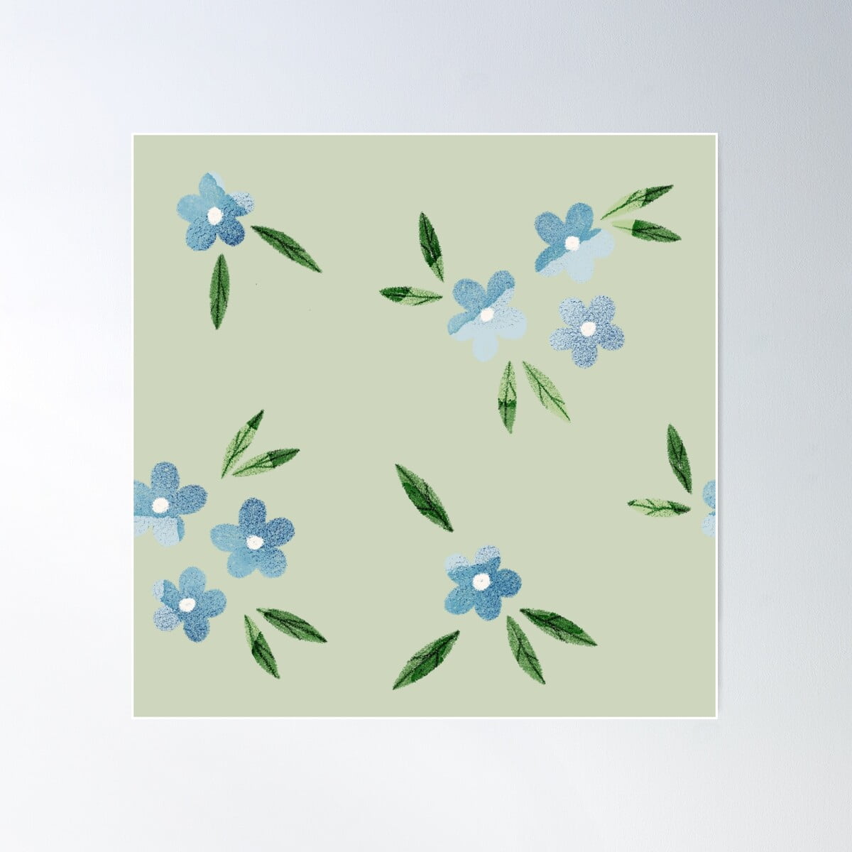 Tiny And Cute Blue Flowers And Green Leaves Pattern On Green Background ...