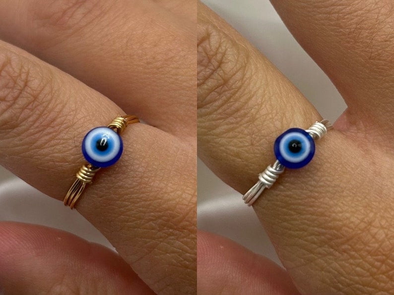 Tiny Evil Eye Ring, Hippie Wire Wrapped Ring, All Seeing Eye, Blue Eye ...