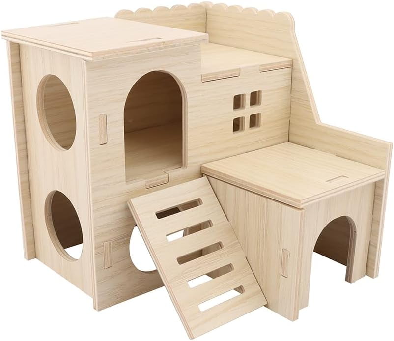 Tiny Hamster Maze Wood House Fun Slide House Double-Decker Hut for ...