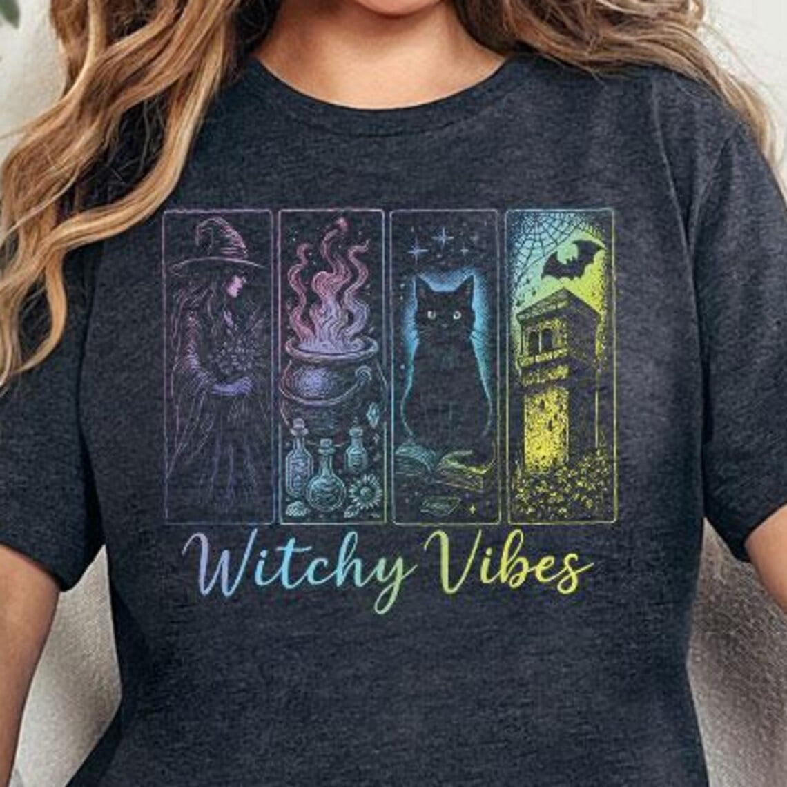 Tiny Hug Aesthetic Witchy Vibes Shirt, Mystical Cauldron Cat Castle Bat Spider Web Graphic Tee ...