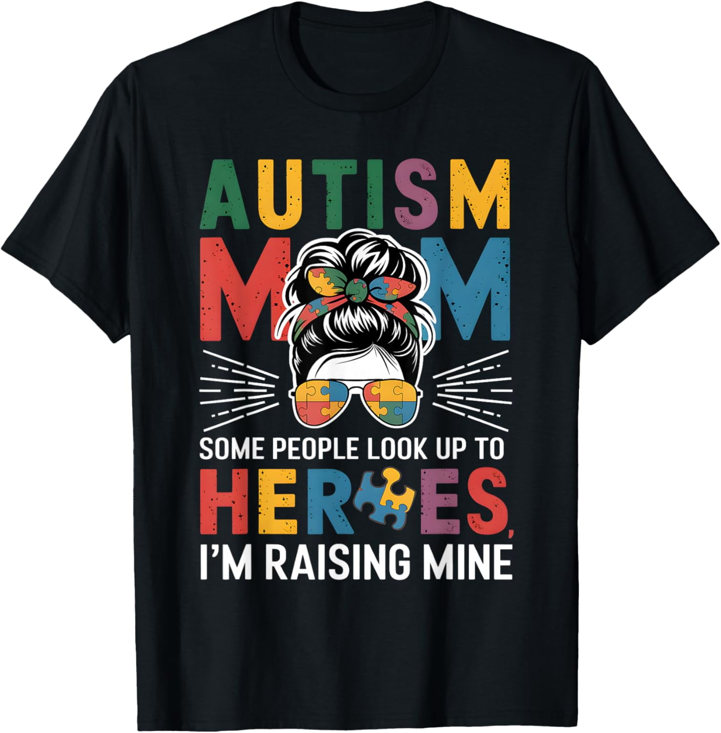 Tiny Hug Autism Mom Raising Hero Groovy Messy Bun Autism Awareness T ...