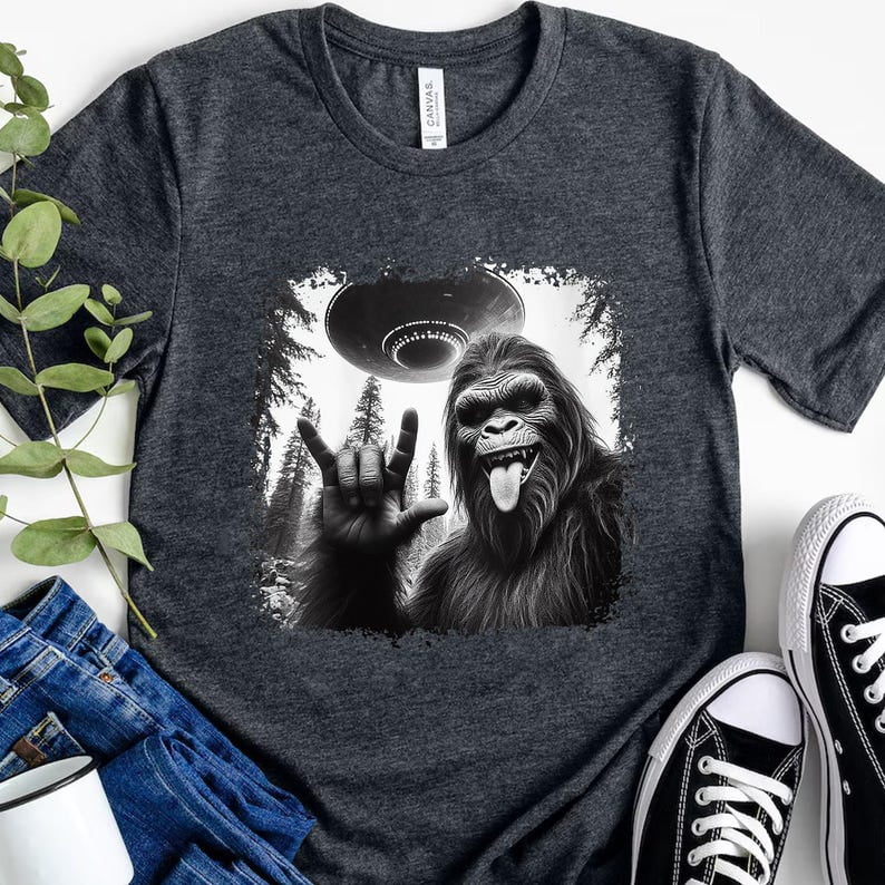 Tiny Hug Bigfoot and UFO - Alien Encounter Design - Rock On Sasquatch ...