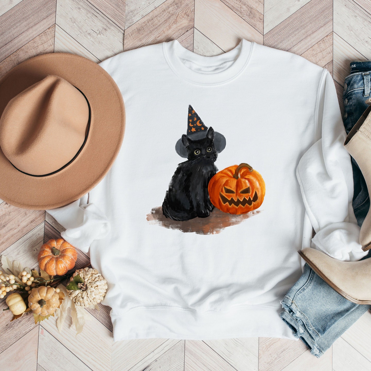 Tiny Hug Black Cat On Pumpkin Sweatshirt Black Cat Sweater, Happy ...