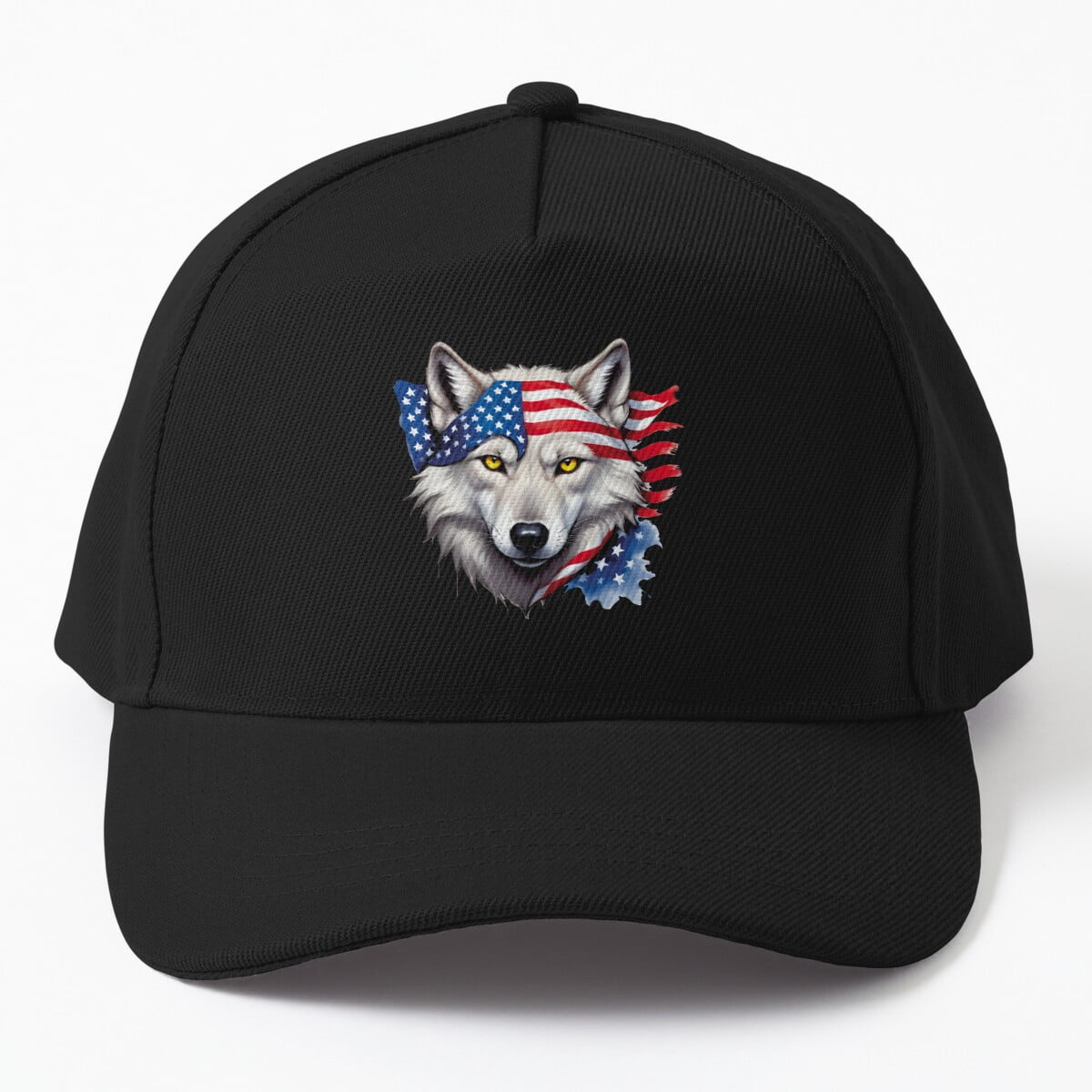 Tiny Hug Copy Of Head Of A White Wolf With Yellow Eyes And An American Flag Cap, Hats For Men ...