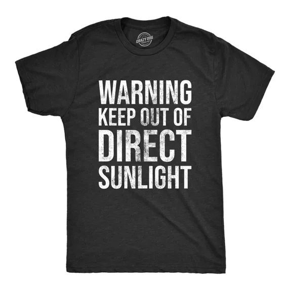 Tiny Hug Mens Warning Keep Out Of Direct Sunlight T-Shirt Pale Sun Burn ...