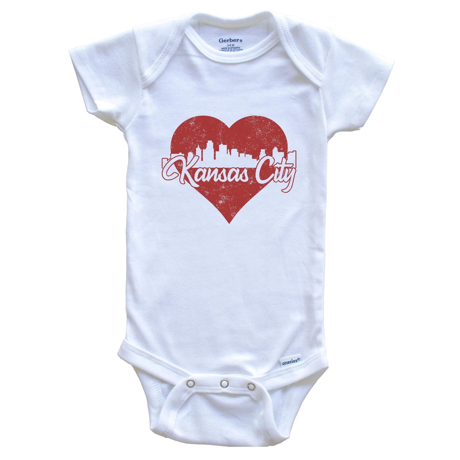 Tiny Hug Retro Kansas City Kansas Skyline Red Heart One Piece Baby ...
