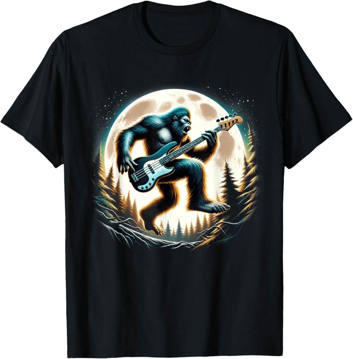 Tiny Hug Sasquatch Bigfoot Playing Bass Guitar Full Moon Rockstar T ...