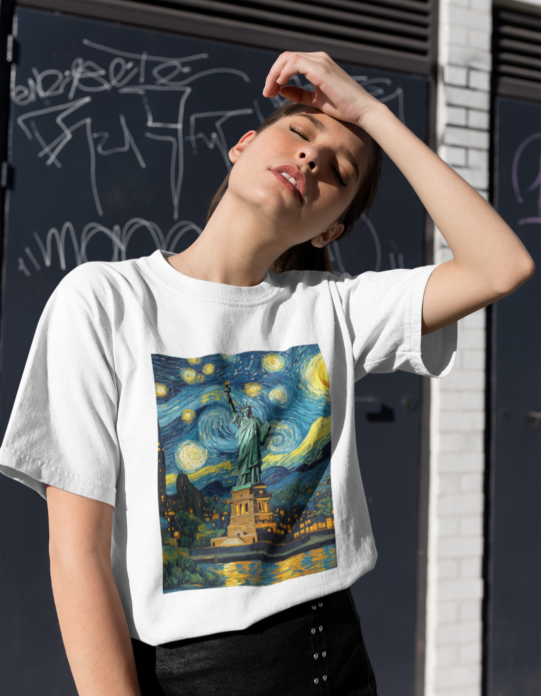 Tiny Hug Statue of Liberty Van Gogh Art T-Shirt NYC Retro Graphic ...