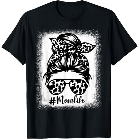 Tiny Hug Women Mom Life Cow Print Bleached, Cow Mama Heifer Messy Bun T ...