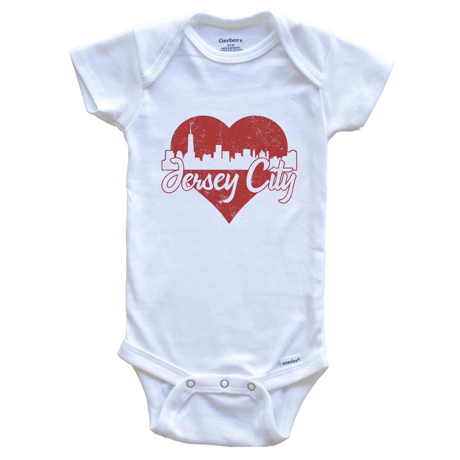 Tiny HugRetro Jersey City New Jersey Skyline Red Heart One Piece Baby ...