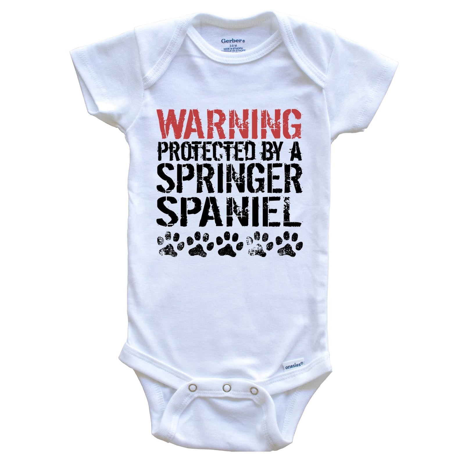 Tiny HugWarning Protected By A Springer Spaniel Funny Baby Bodysuit ...