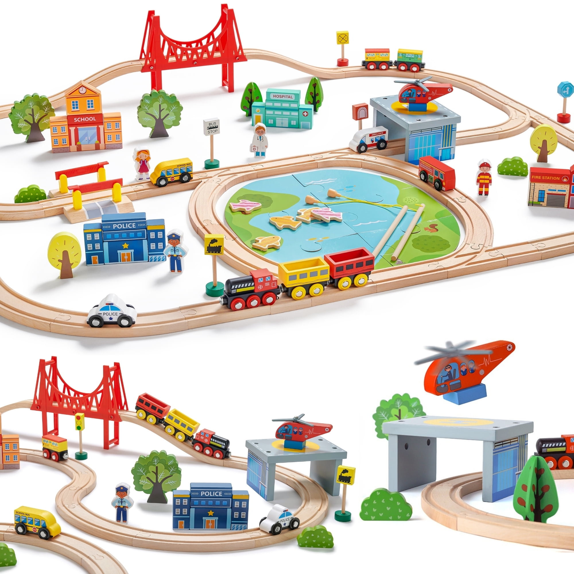 Tiny Land Wooden Train Set, 110-Piece Track with Puzzles, Fishing ...