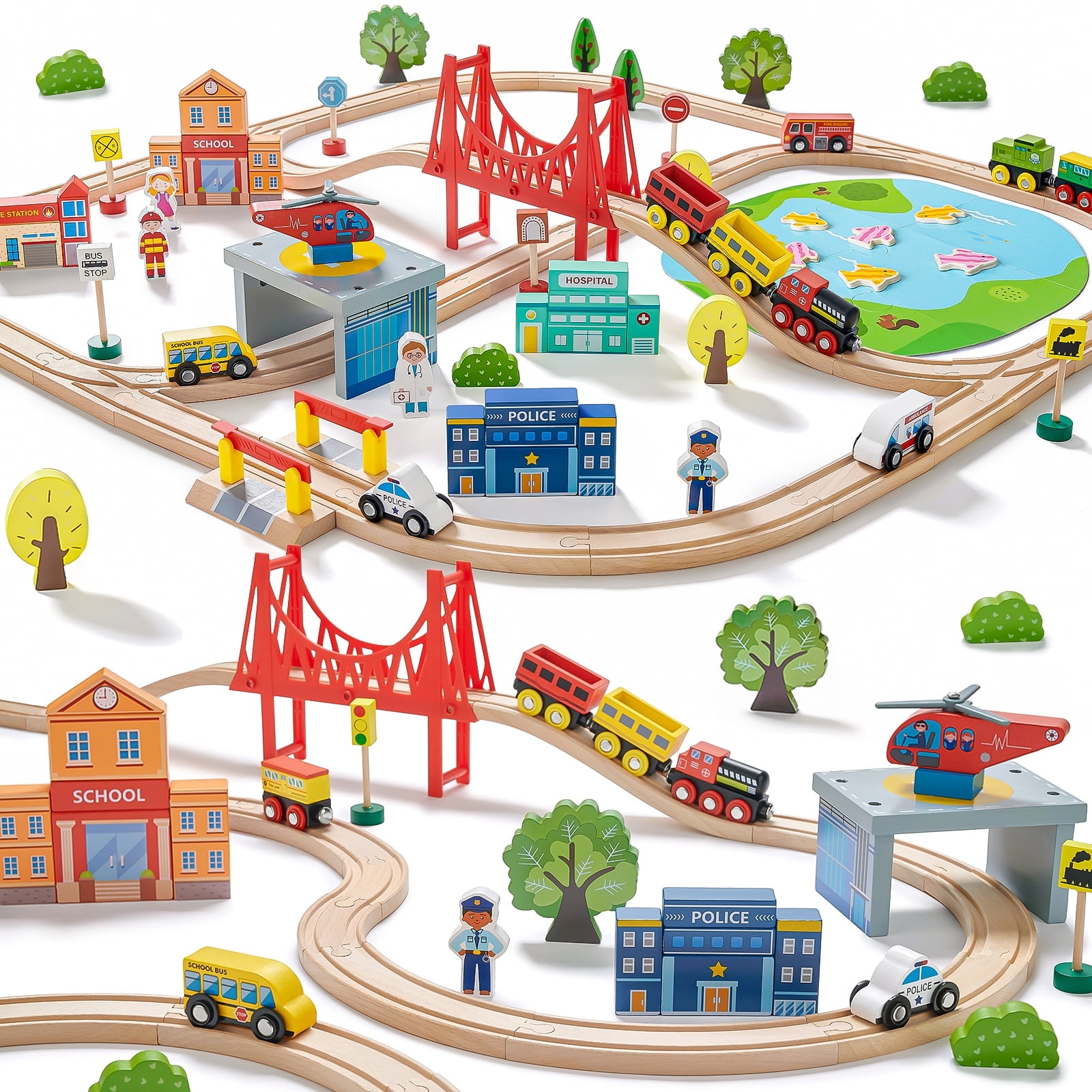 Tiny Land 110-Piece Wooden Train Set with Track, Ideal for Ages 3-7 ...