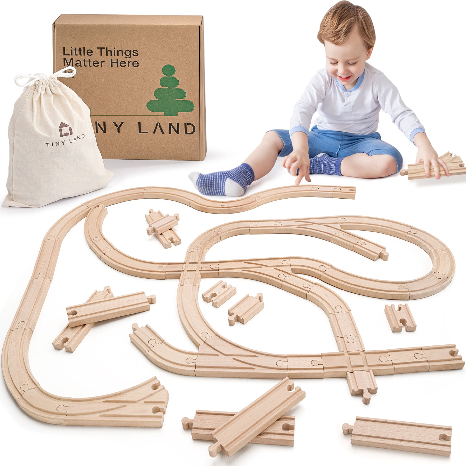 Tiny Land Wooden Train Tracks Set - 52 Pcs Train Track Expansion Pack Fits Major Railroad Toy ...