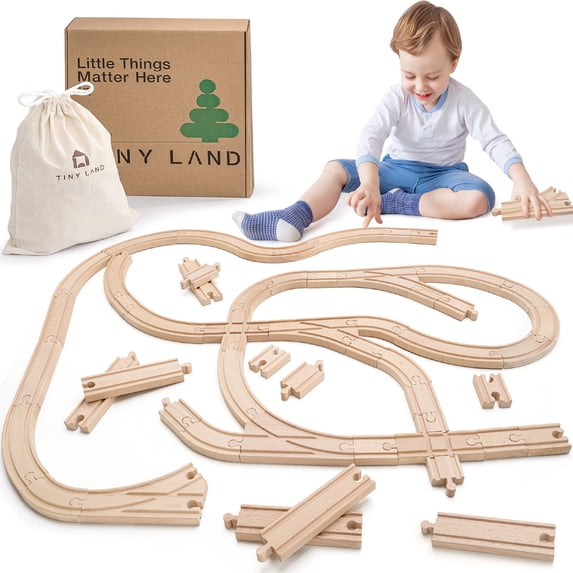 Tiny Land Wooden Train Tracks Set - 52 Pcs Train Track Expansion Pack ...