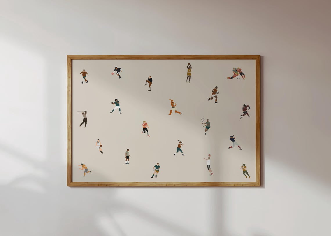 Tiny Male Sports Players Retro Minimalist People Art For Baseball Dad ...
